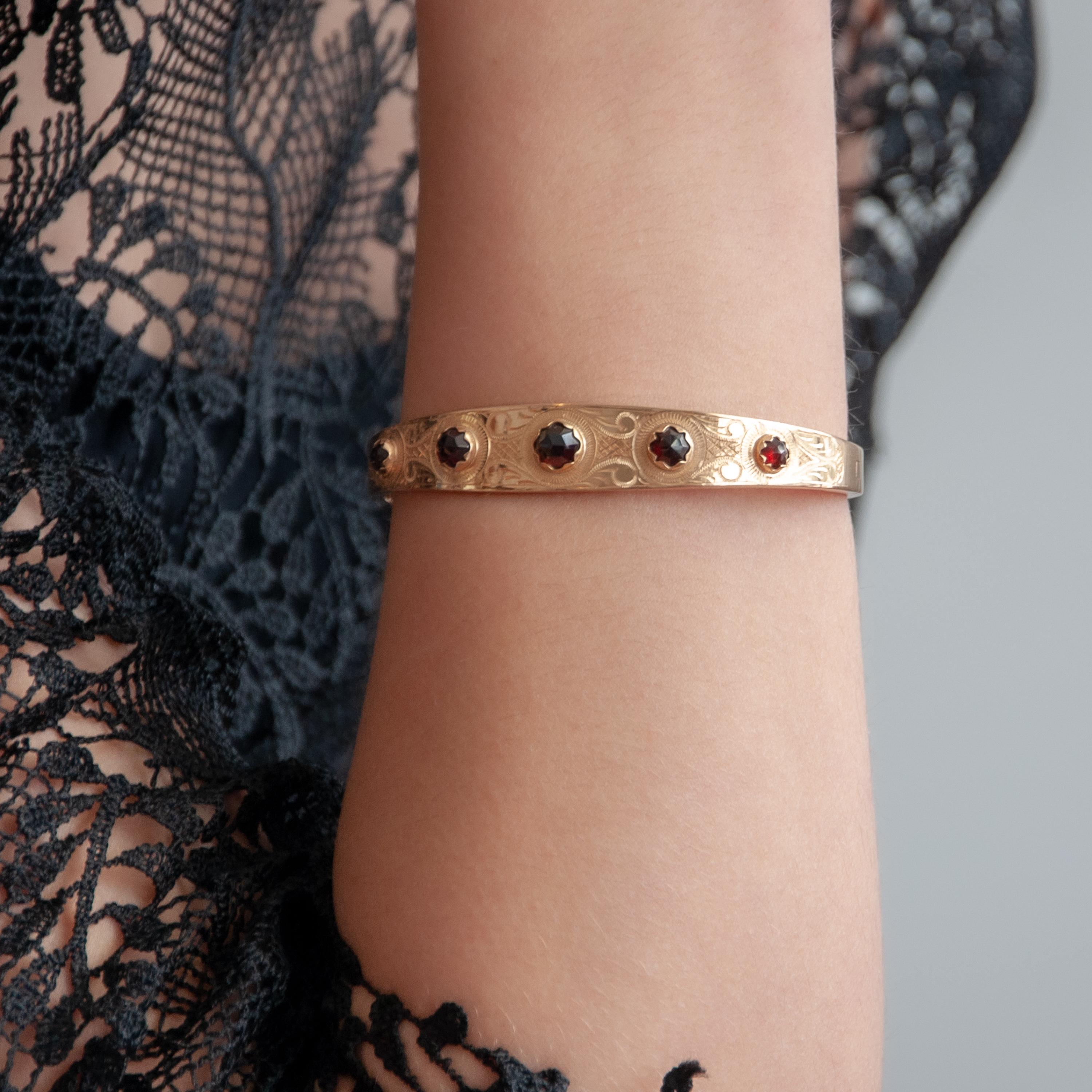 Garnet and 14K Gold Engraved Bangle Bracelet For Sale at 1stDibs ...