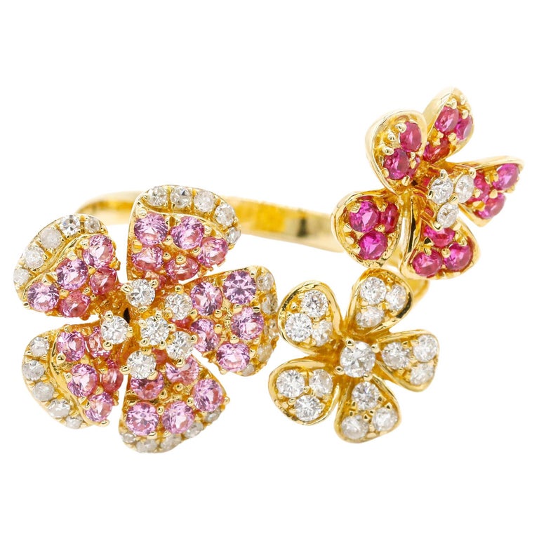 14K Yellow Gold Three Daisy Flower Floral Ring 1.08Ct Pink Sapphire ...