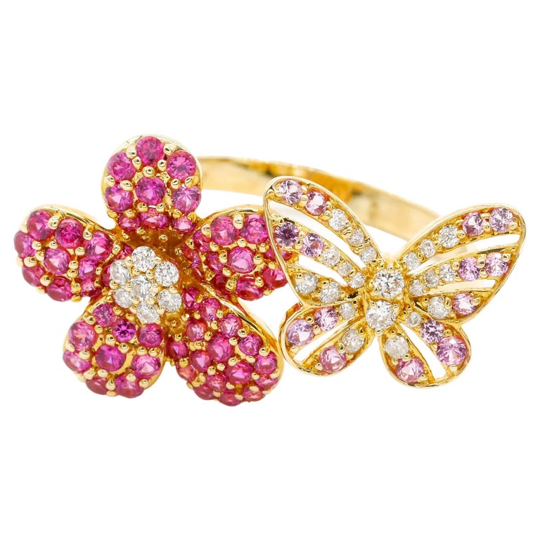 14K Yellow Gold Daisy Flower and Butterfly Ring Pink Sapphire 0.17ct ...