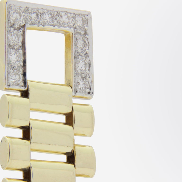 14 Karat Yellow Gold Rolex Style Link Diamond Drop Earrings For Sale at ...