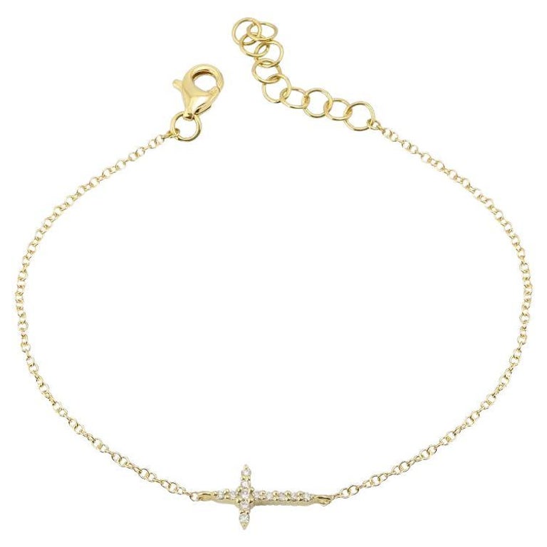 14 Karat Yellow Gold Round Diamond Cross Bracelet For Sale at 1stDibs