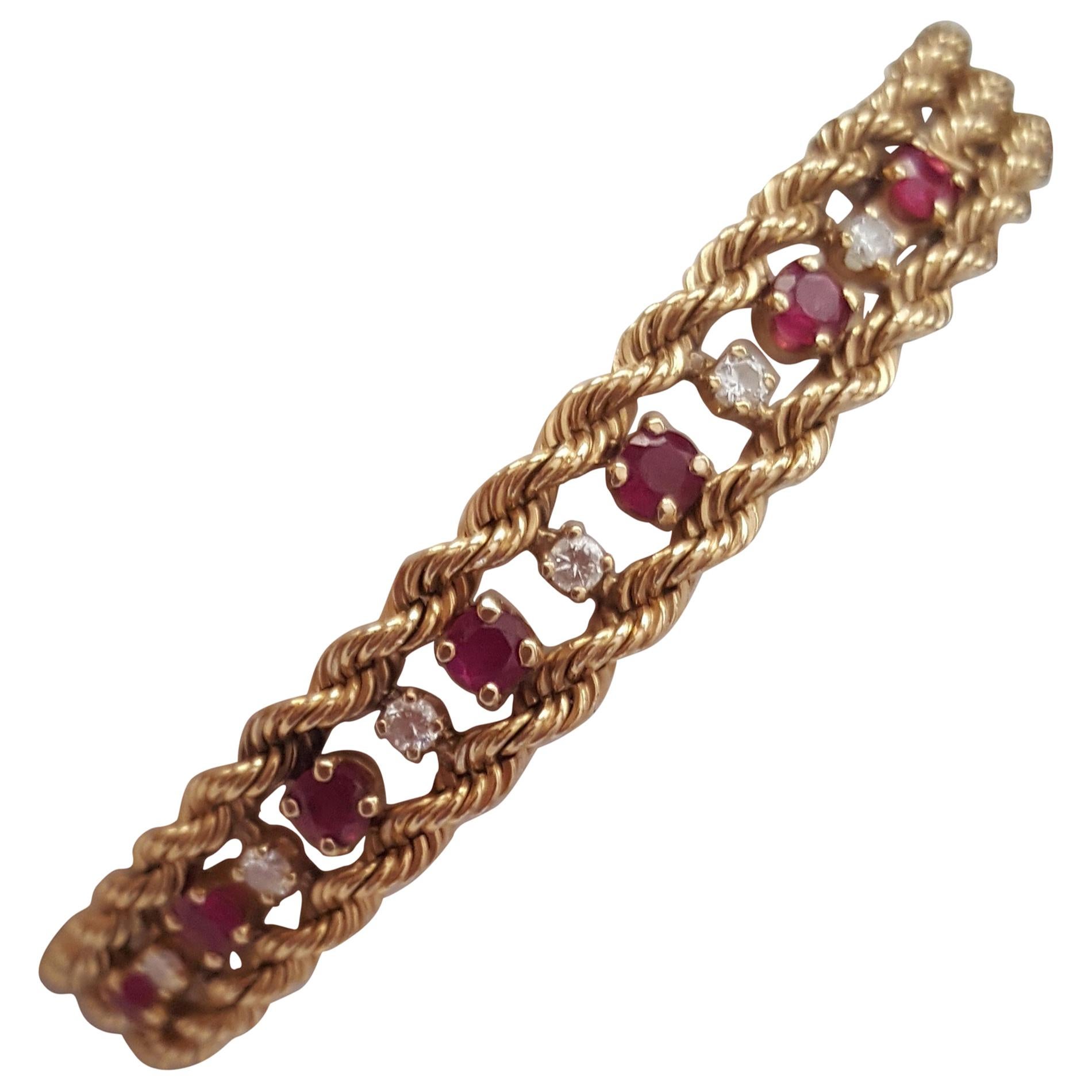 14 Karat Yellow Gold Ruby and Diamond Rope Bracelet, 17.3 Grams For ...