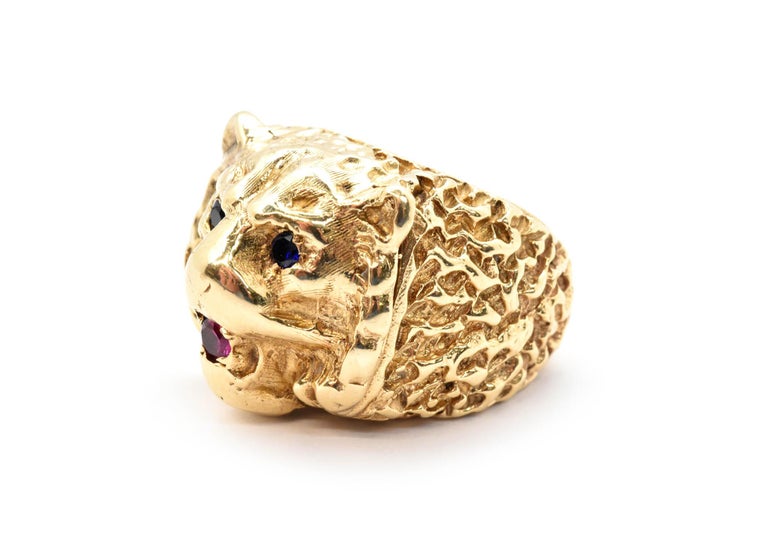 14 Karat Yellow Gold Ruby and Sapphire Bear Animal Head Ring at 1stDibs ...