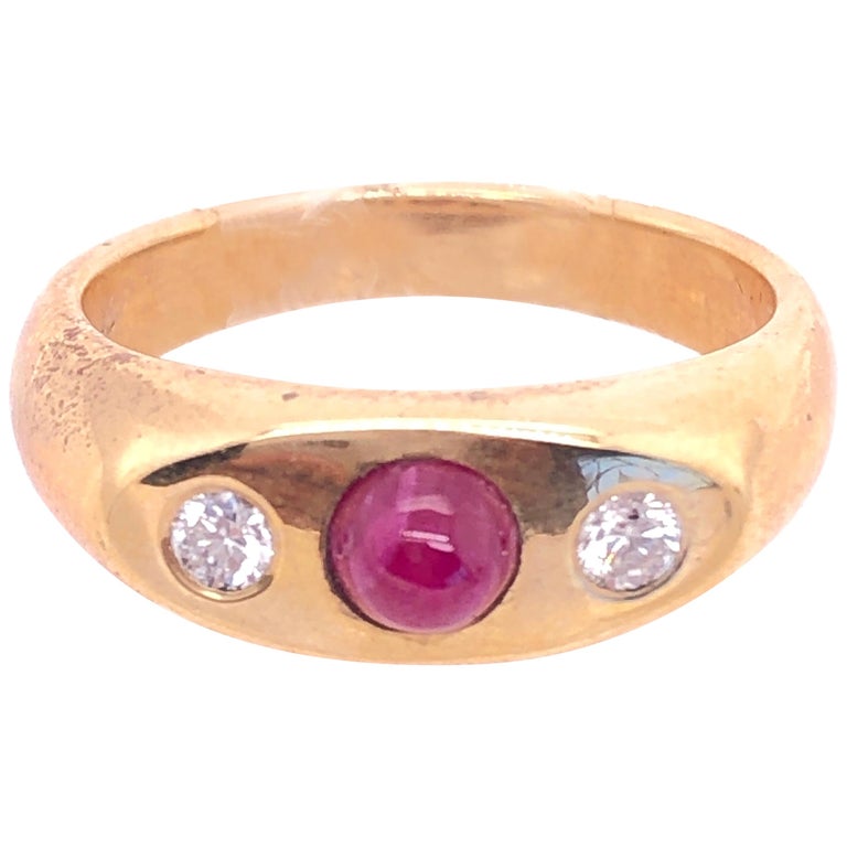 14 Karat Yellow Gold Ruby Cabochon Solitaire With Diamond Accents Ring ...