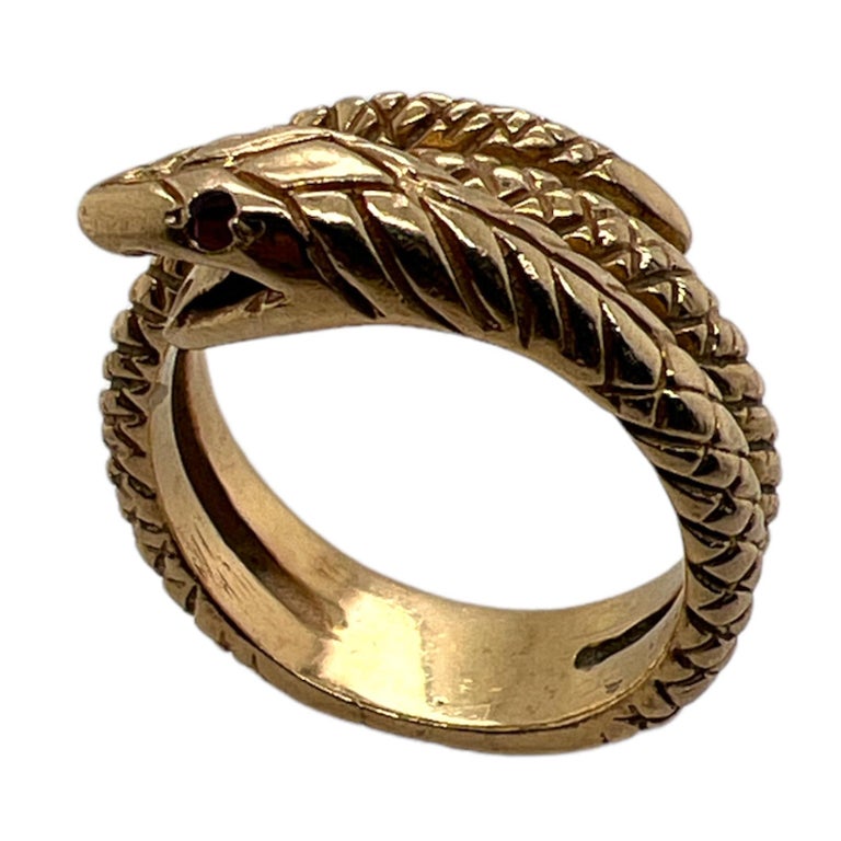 14 Karat Yellow Gold Textured Snake Band Ring Ruby Eyes Vintage For ...