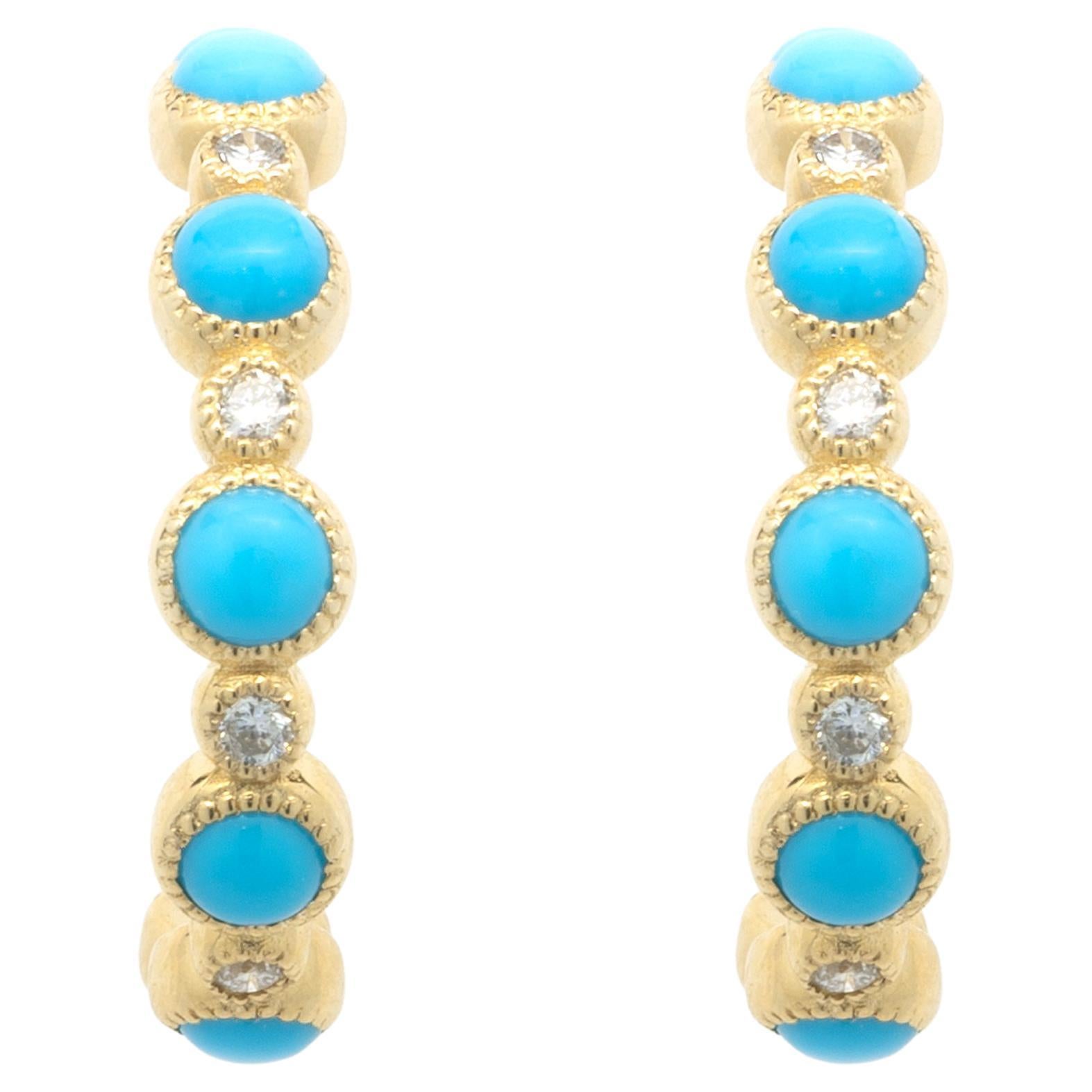 Turquoise Matrix Gold Hoop Gold Earrings For Sale at 1stDibs