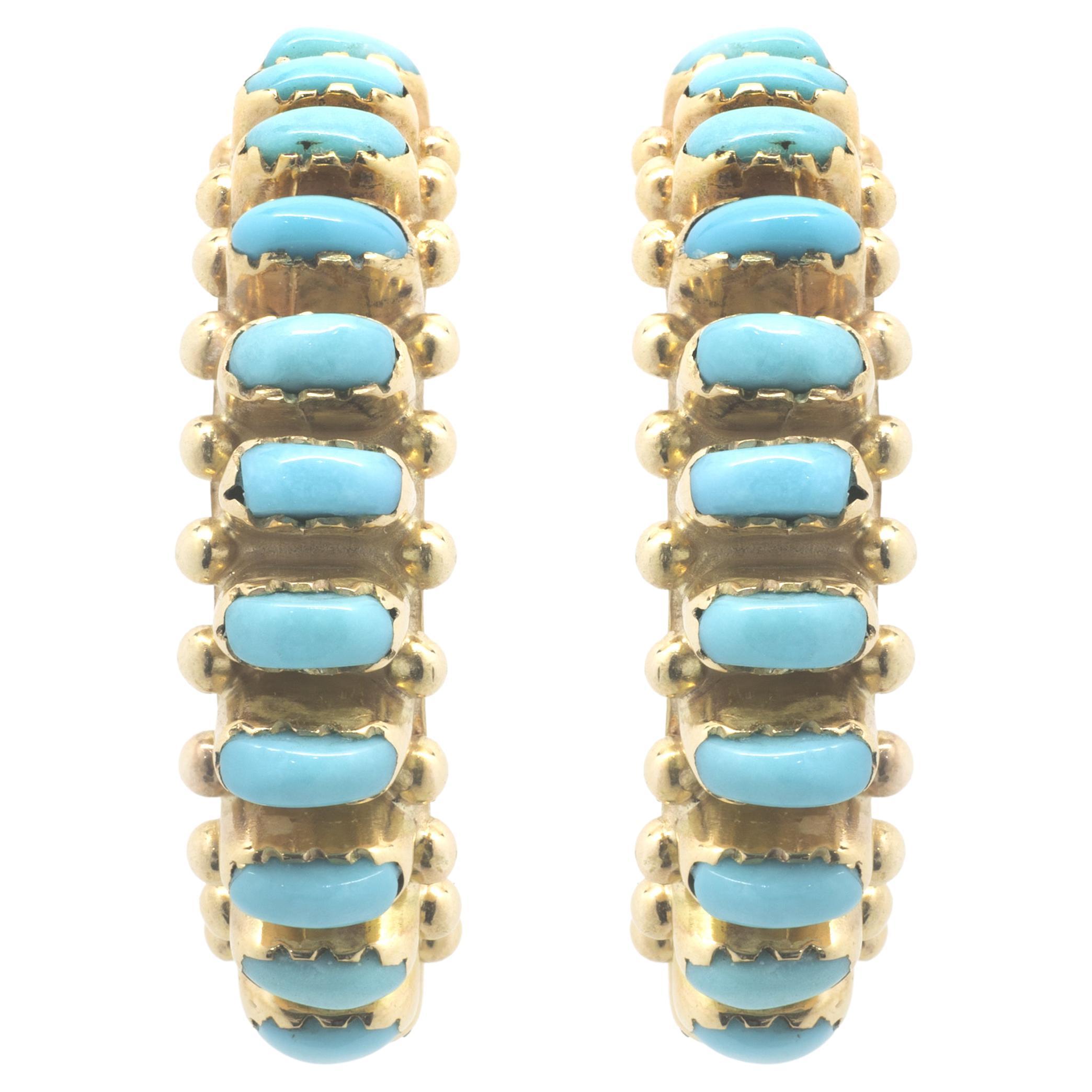 Shrimp Style Turquoise Gold Hoop Earrings at 1stDibs