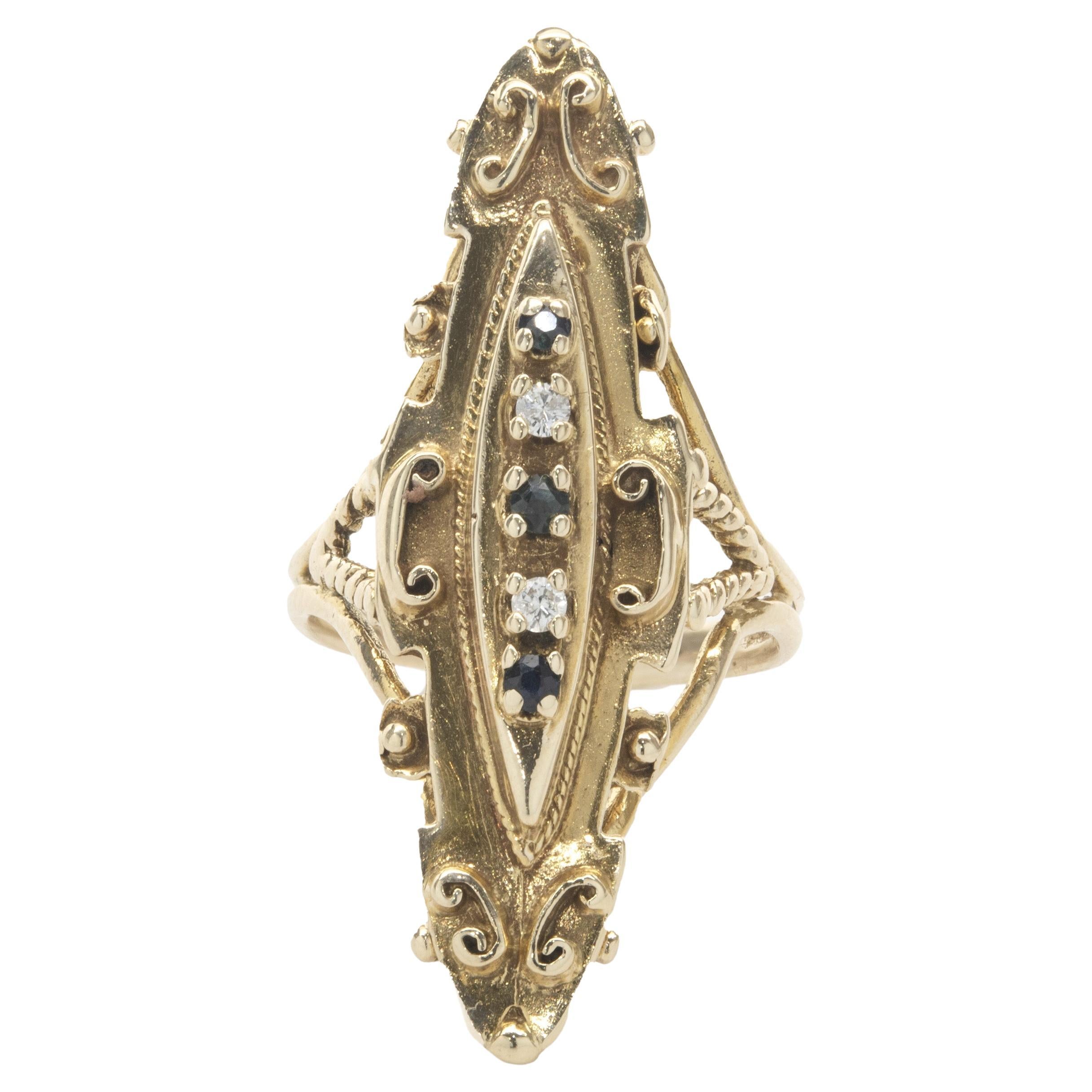 14 Karat Yellow Gold Vintage Diamond and Sapphire Long Finger Ring For ...