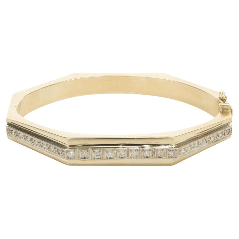 14 Karat Yellow Gold Vintage Diamond Octagonal Bangle Bracelet at 1stDibs