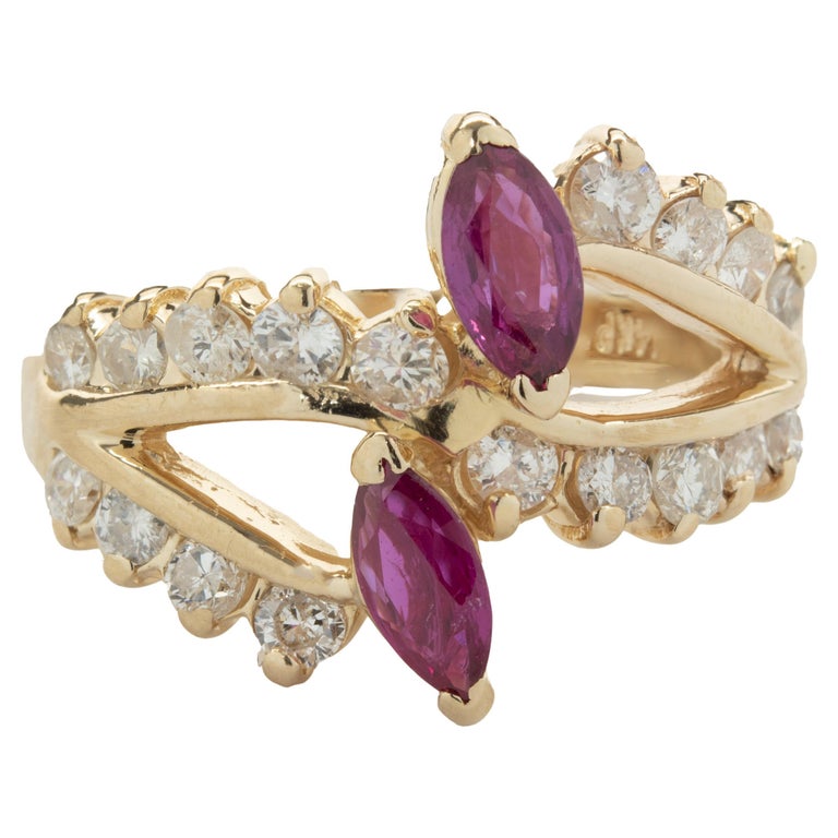 14 Karat Yellow Gold Vintage Diamond Ruby Bypass Ring For Sale at 1stDibs