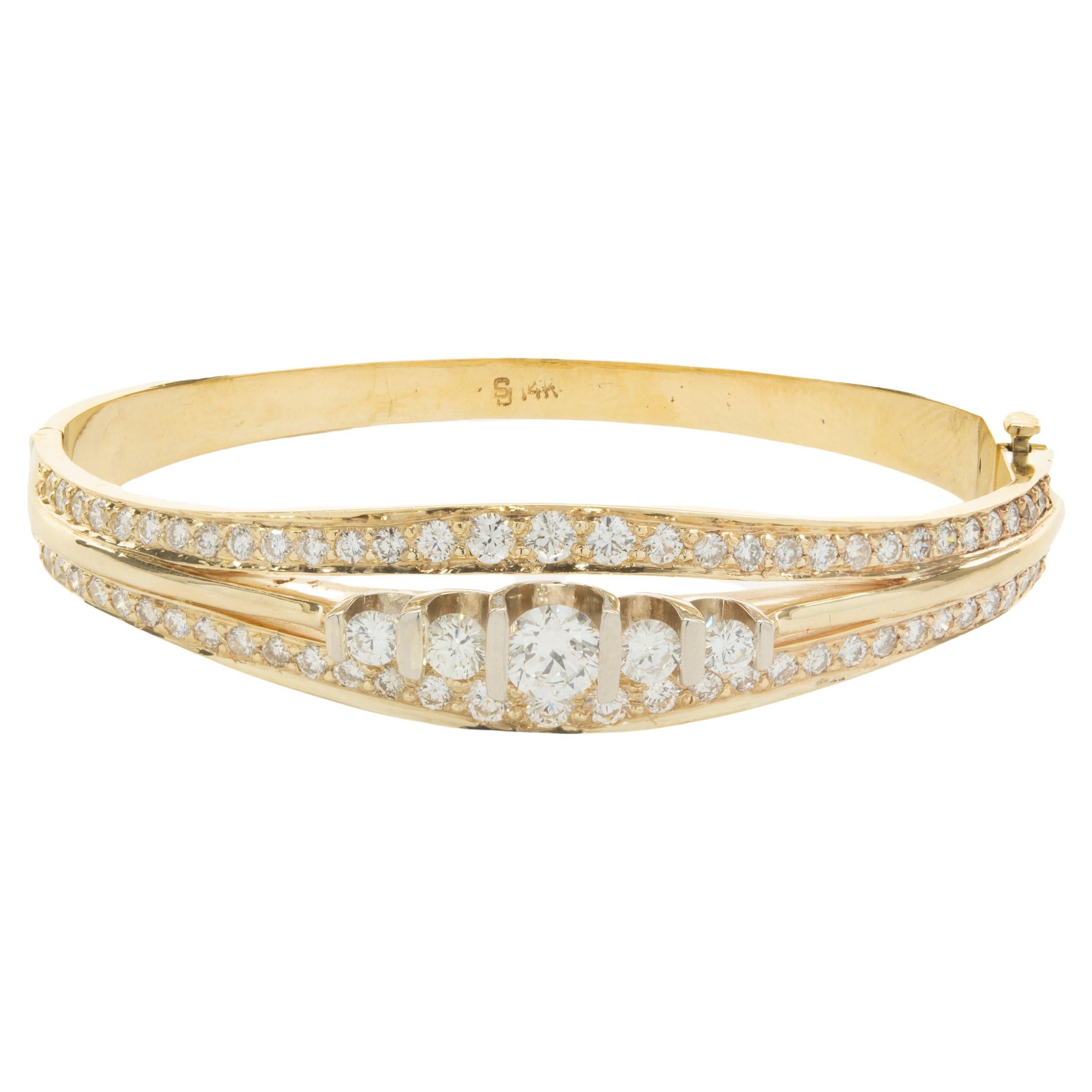 Three Row Pave Diamond Thin Hinged Bangle Bracelet in 18 Karat Yellow ...