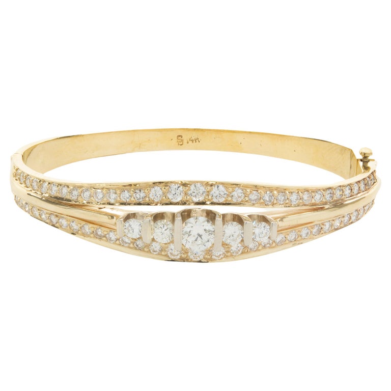14 Karat Yellow Gold Vintage Diamond Three Row Bangle Bracelet For Sale ...