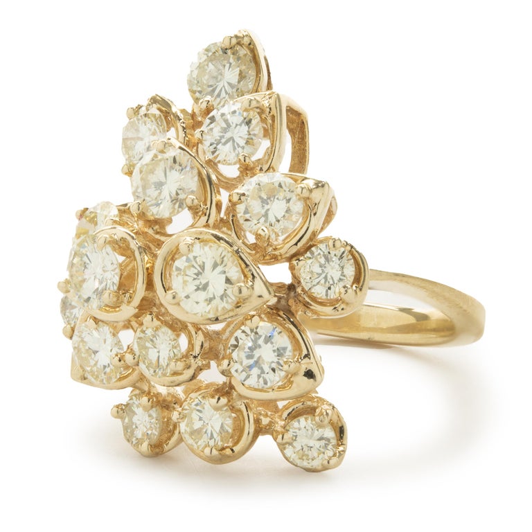 14 Karat Yellow Gold Vintage Diamond Waterfall Cocktail Ring at 1stDibs