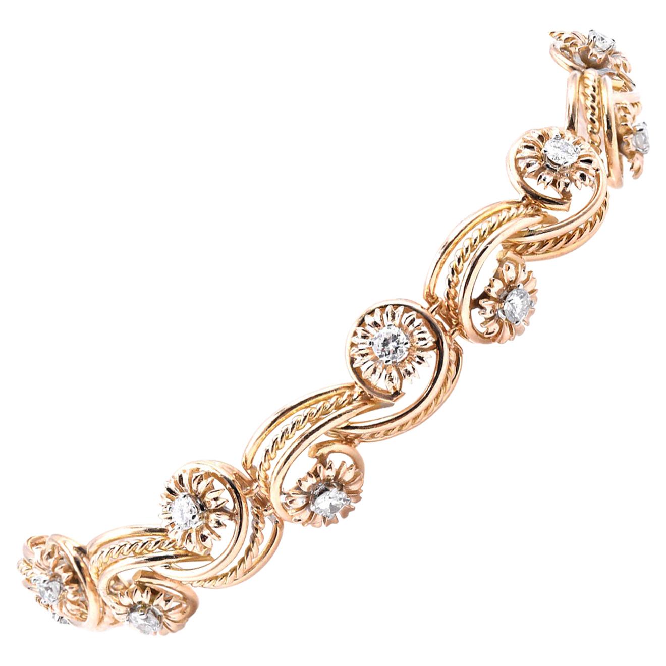 14 Karat Yellow Gold Vintage Floral Diamond Bracelet at 1stDibs