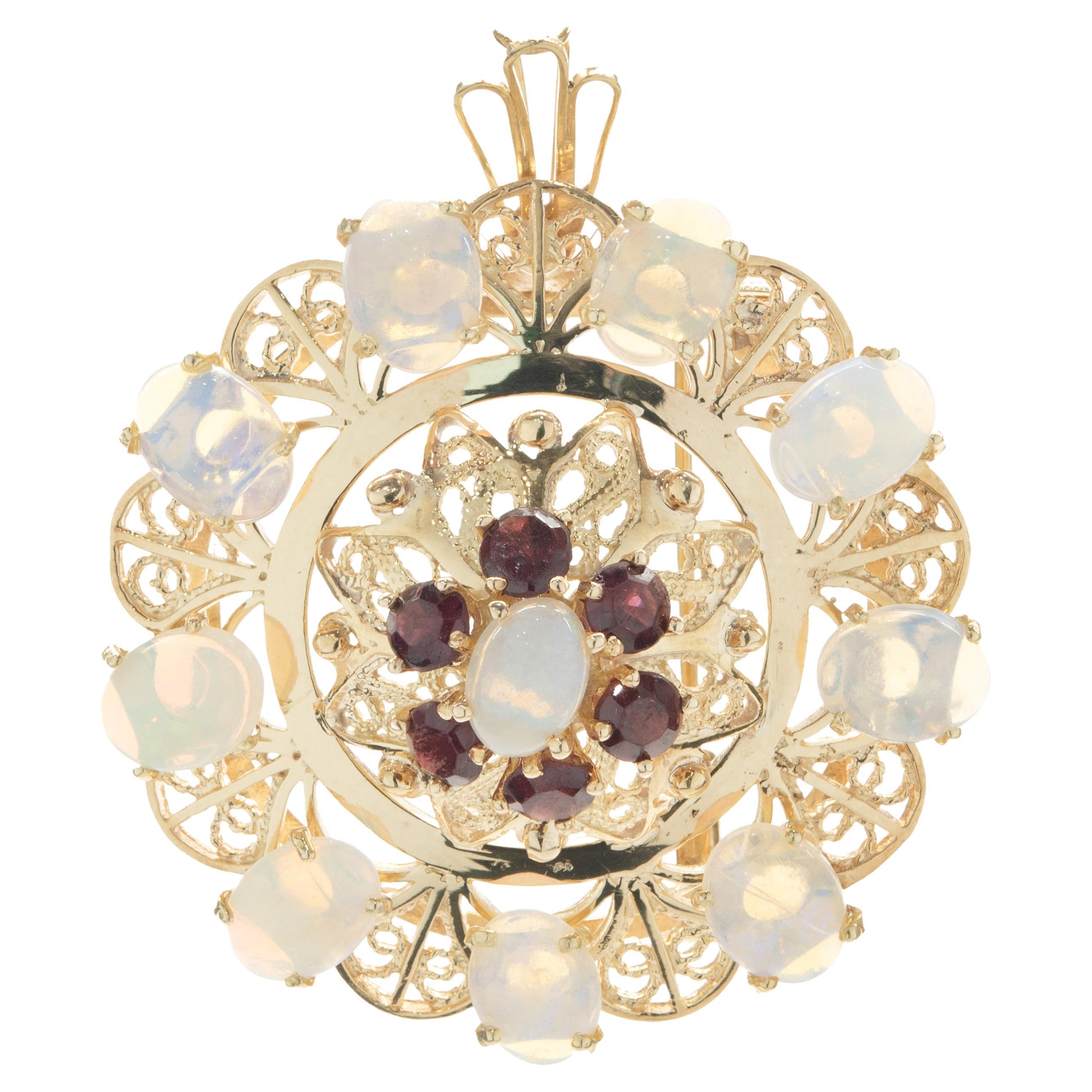 14 Karat Yellow Gold Vintage Opal and Garnet Pin For Sale at 1stDibs