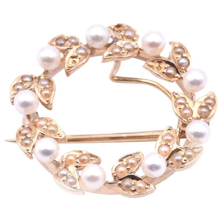 14 Karat Yellow Gold Vintage Seed Pearl Pin at 1stDibs