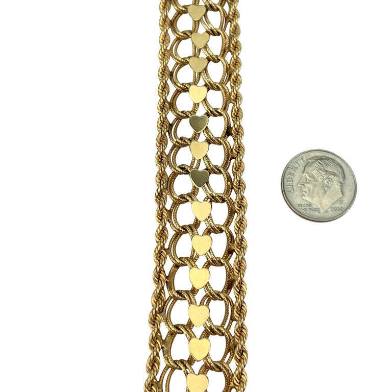 14 Karat Yellow Gold Vintage Spiral Rope Heart Charm Bracelet For Sale ...