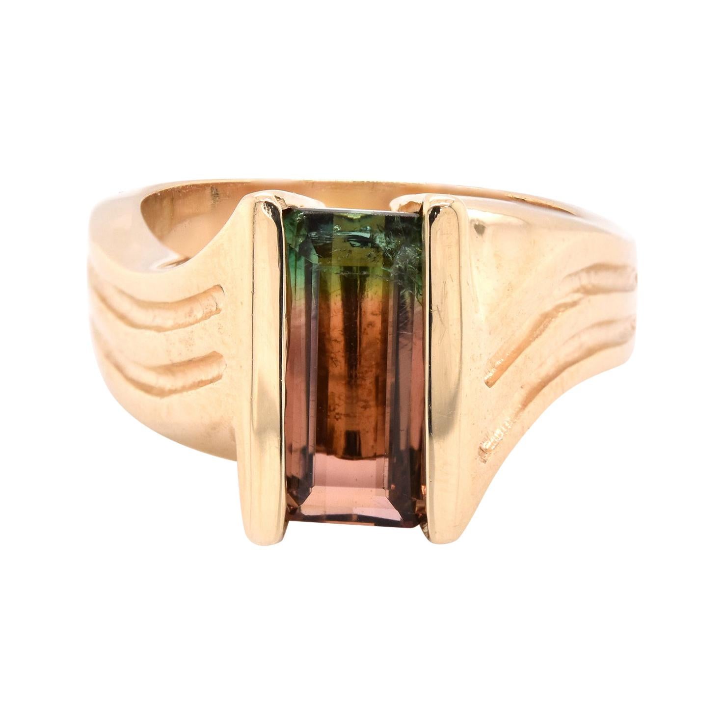 Blue Tourmaline 14 Karat Yellow Gold Hammered Ring For Sale at 1stDibs