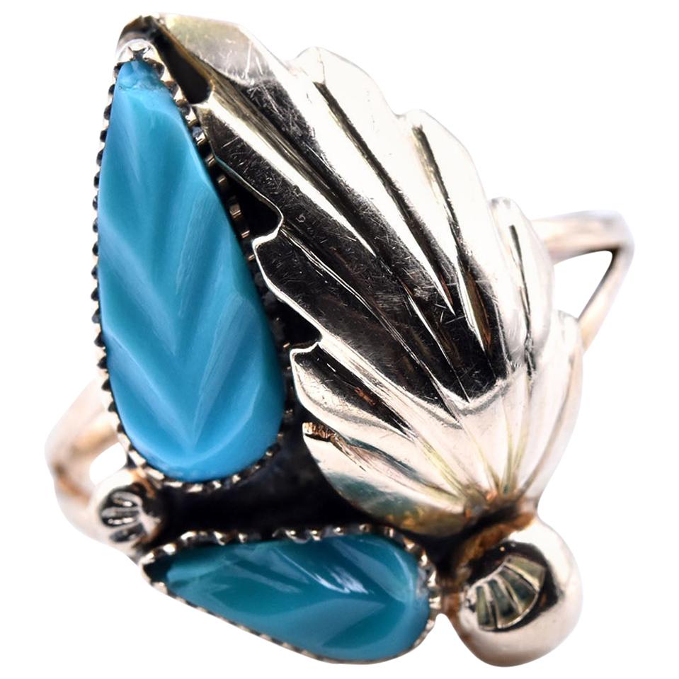 14 Karat Yellow Gold Zuni Native American Carved Floral Turquoise Ring ...
