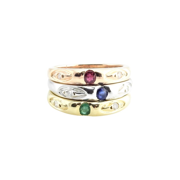 14 Karat Yellow, Rose and White Gold Stacking Rings For Sale at 1stDibs