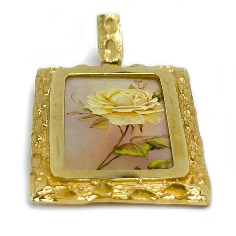 14 Karat Yellow Rose Masterpiece Hand Painted Mother-Of-Pearl Pendant ...