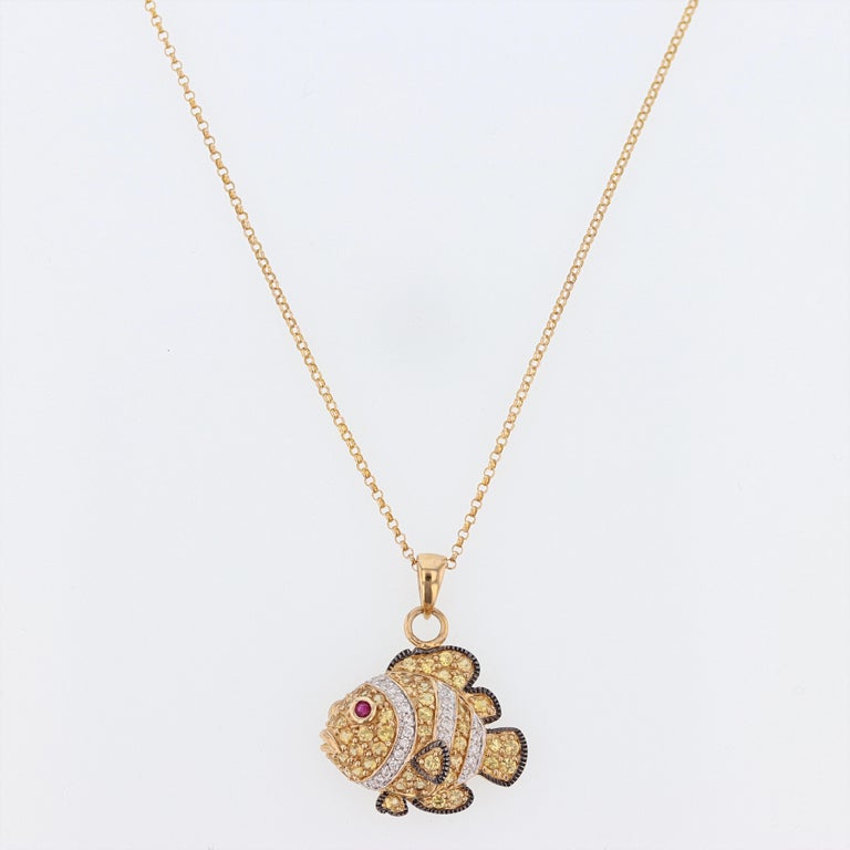 14 Karat Yellow Gold Yellow Sapphire Ruby and Diamond Fish Pendant ...