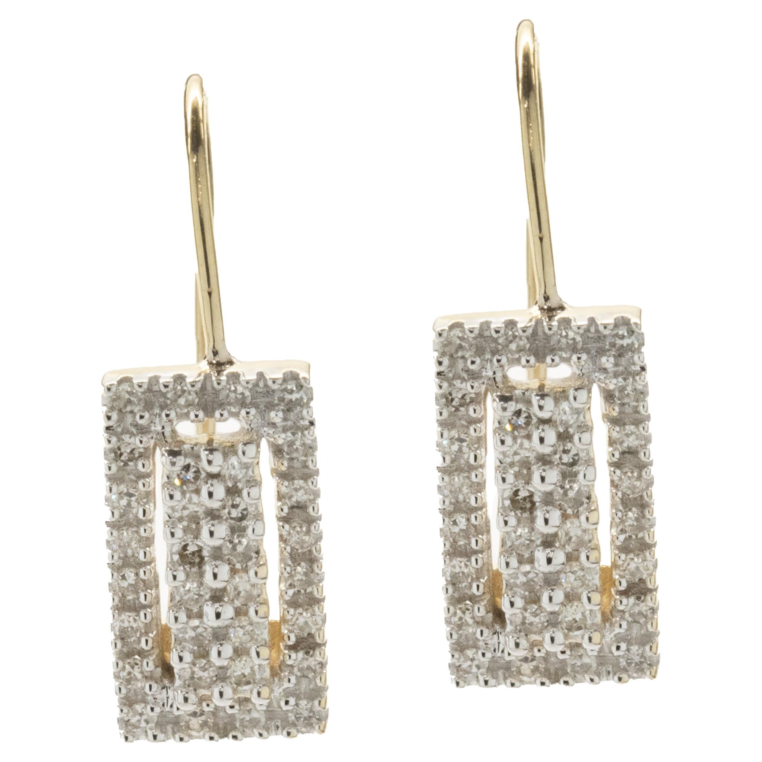 14 Karat Yellow Gold Pave Diamond Rectangular Drop Earrings For Sale at 1stDibs