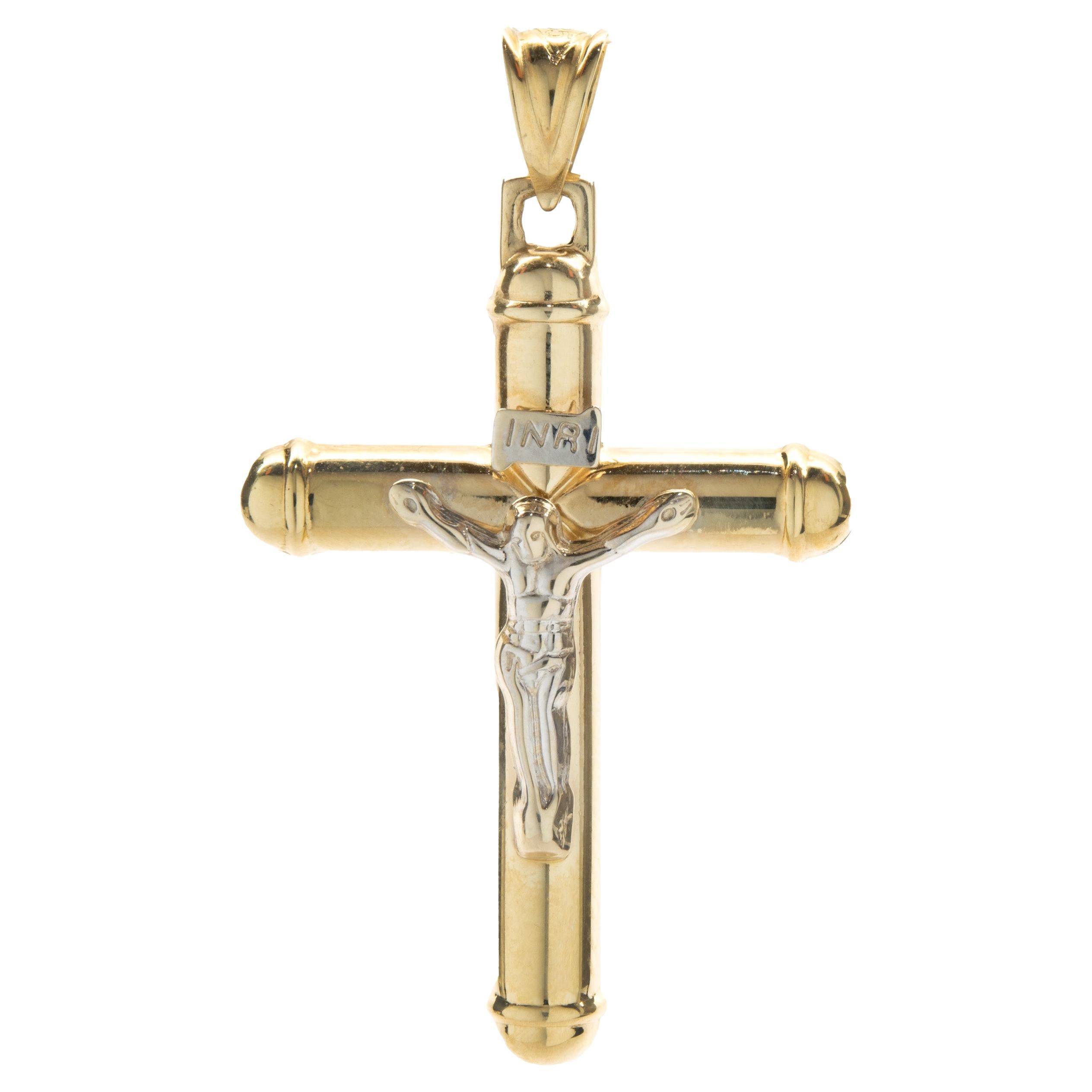 Pendentif croix en forme de crucifix en or jaune et blanc 14 carats En ...