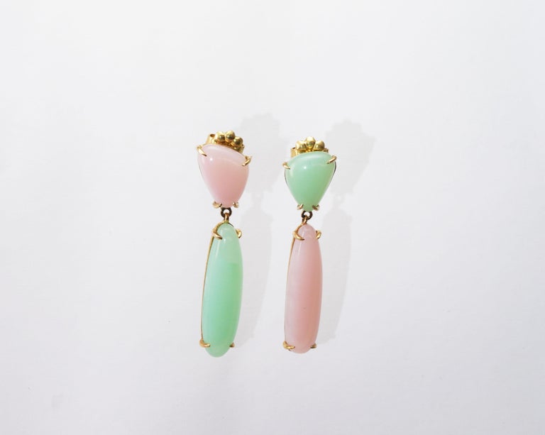 14 kt Chrysopal and Rose Opal Earrings For Sale at 1stDibs