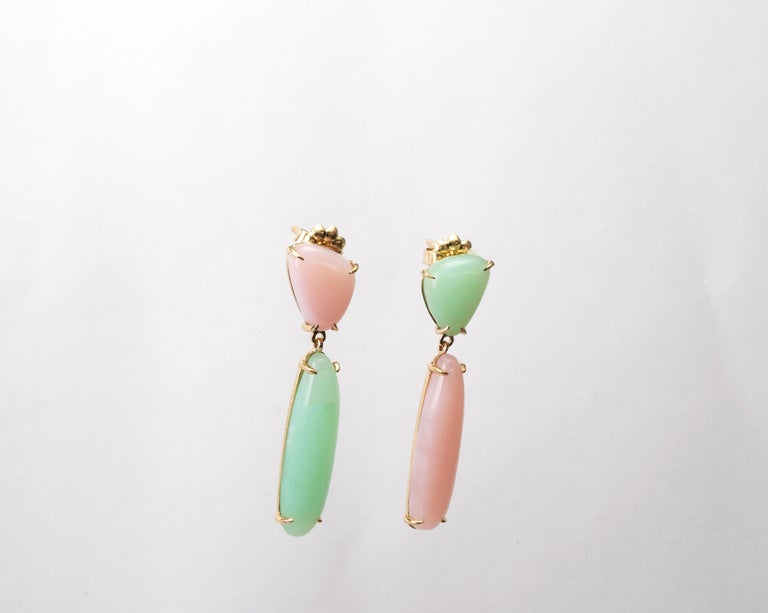 14 kt Chrysopal and Rose Opal Earrings For Sale at 1stDibs