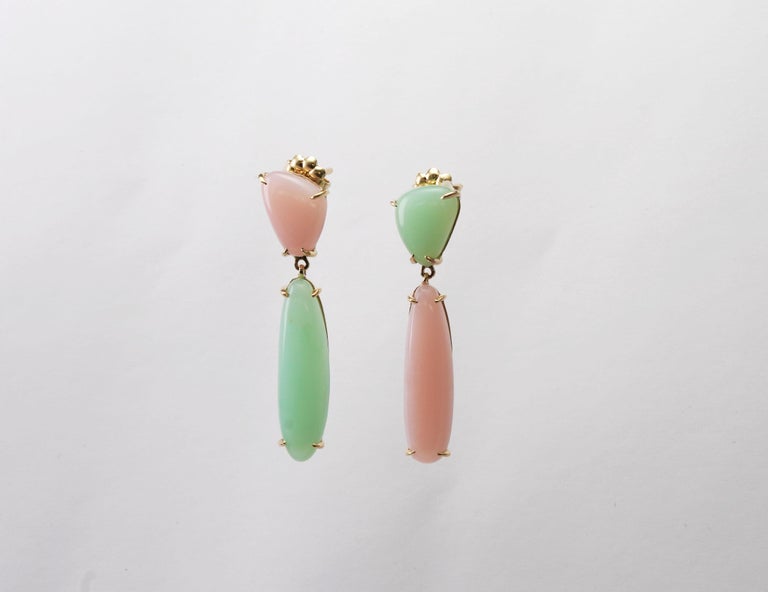 14 kt Chrysopal and Rose Opal Earrings For Sale at 1stDibs