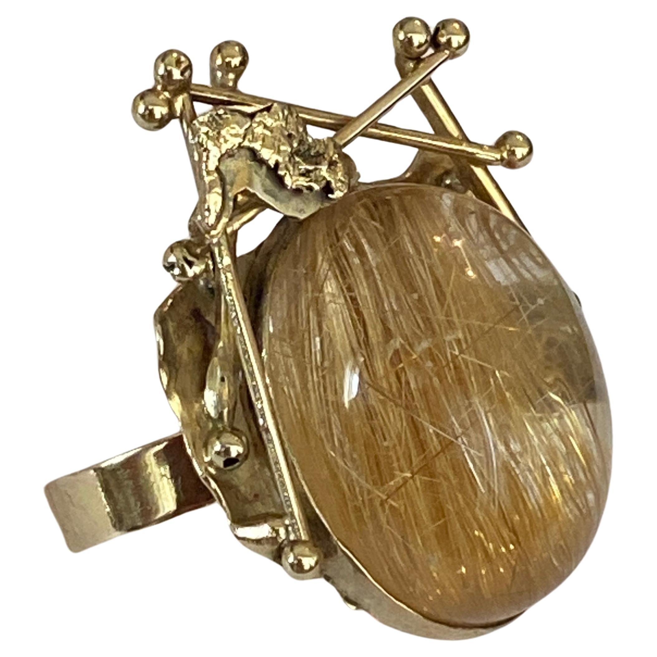14 kt Gold Rutilated Quartz Designer Ring For Sale at 1stDibs