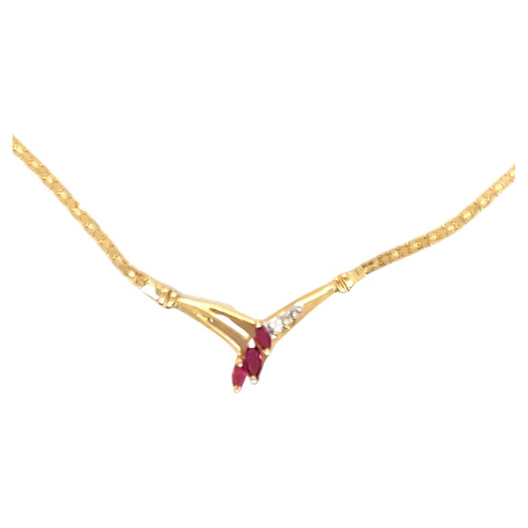 14 KT V Shaped Ruby / Diamond Necklace For Sale at 1stDibs