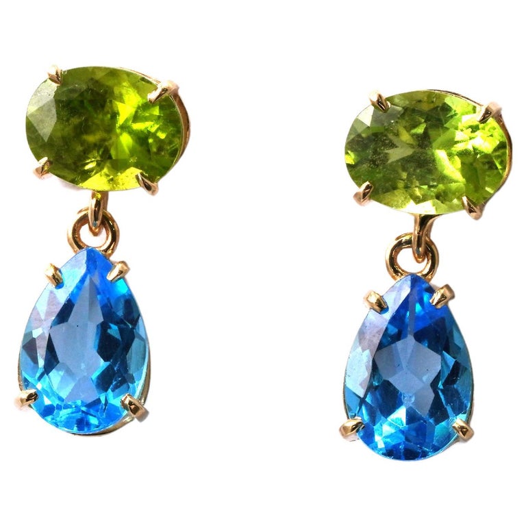 14 Kt Yellow Gold Peridot Blue Topaz Earrings For Sale at 1stDibs
