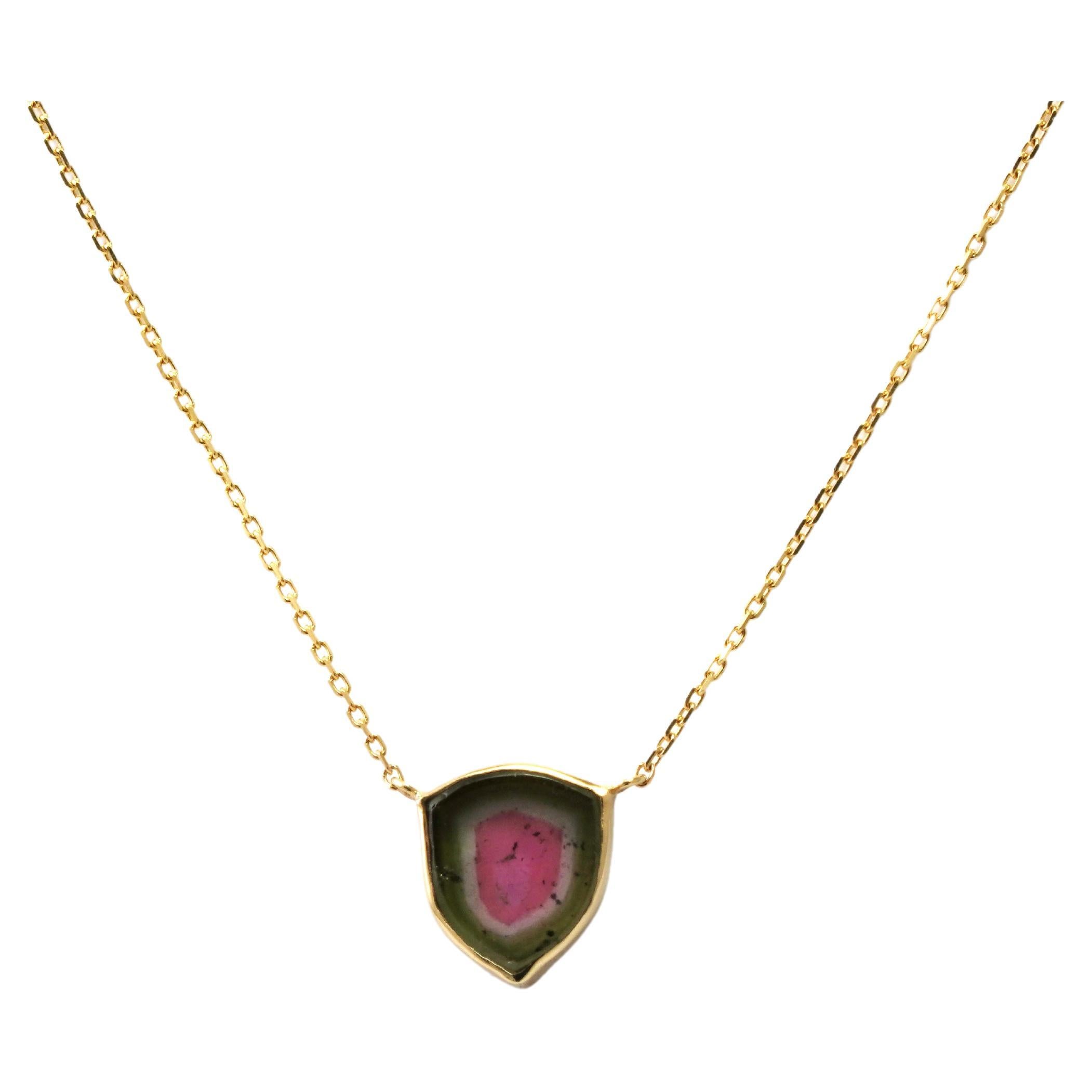 Watermelon Tourmaline Gold Necklace For Sale at 1stDibs