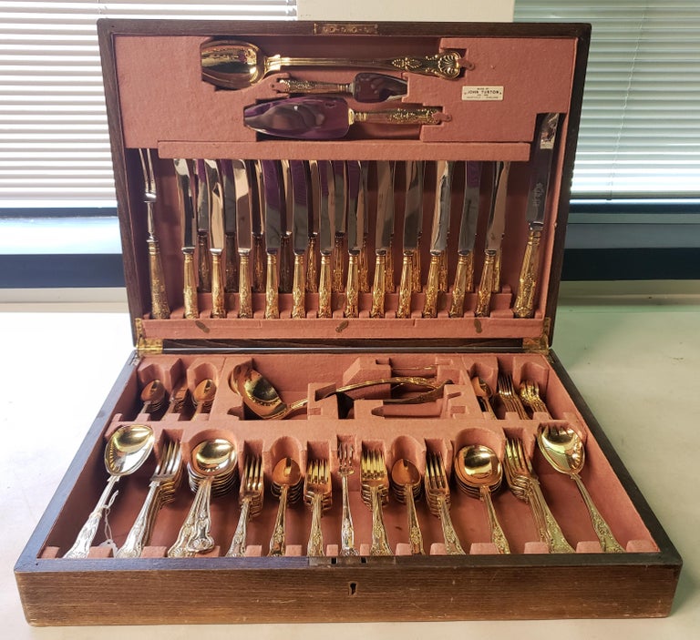 140 Pcs John Turton Kings Pattern Silverplate w/ Gold Plating Flatware ...