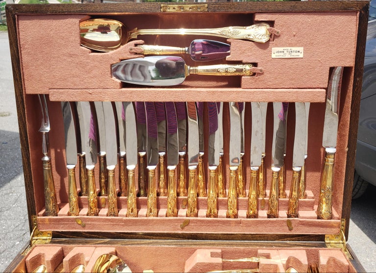 140 Pcs John Turton Kings Pattern Silverplate w/ Gold Plating Flatware ...