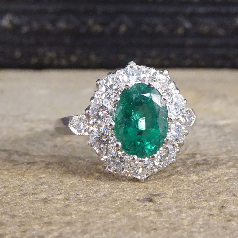 1.40ct Emerald and 0.95ct Diamond Cluster Ring in Platinum with Diamond ...
