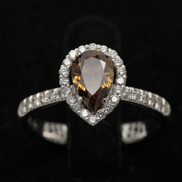1.41 Carat Pear Shape Fancy Intense Brown Diamond Ring w/ Halo and ...