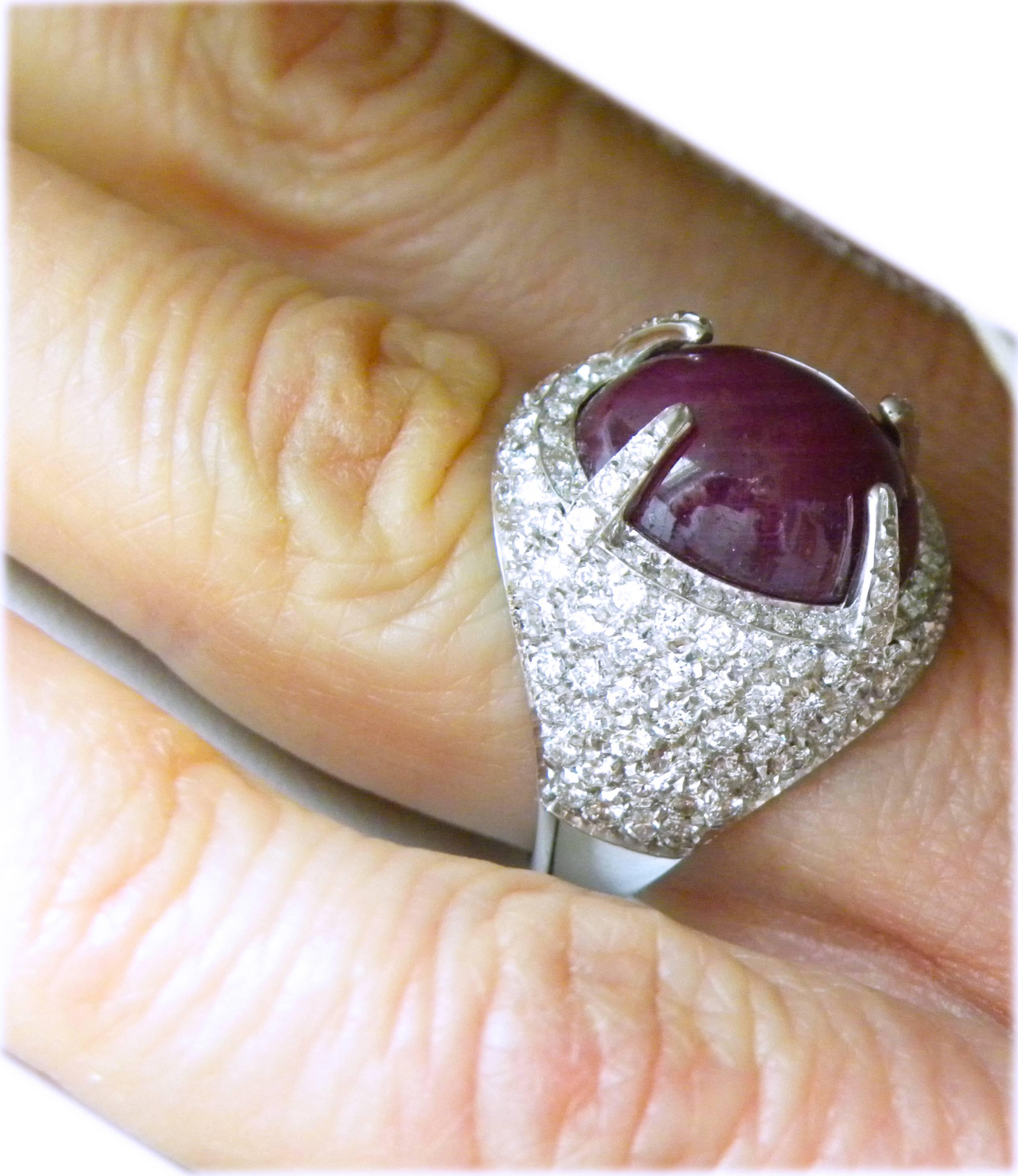 Berca 14.20 Carat Natural Ruby Oval Cabochon White Diamond Cocktail Ring For Sale at 1stDibs