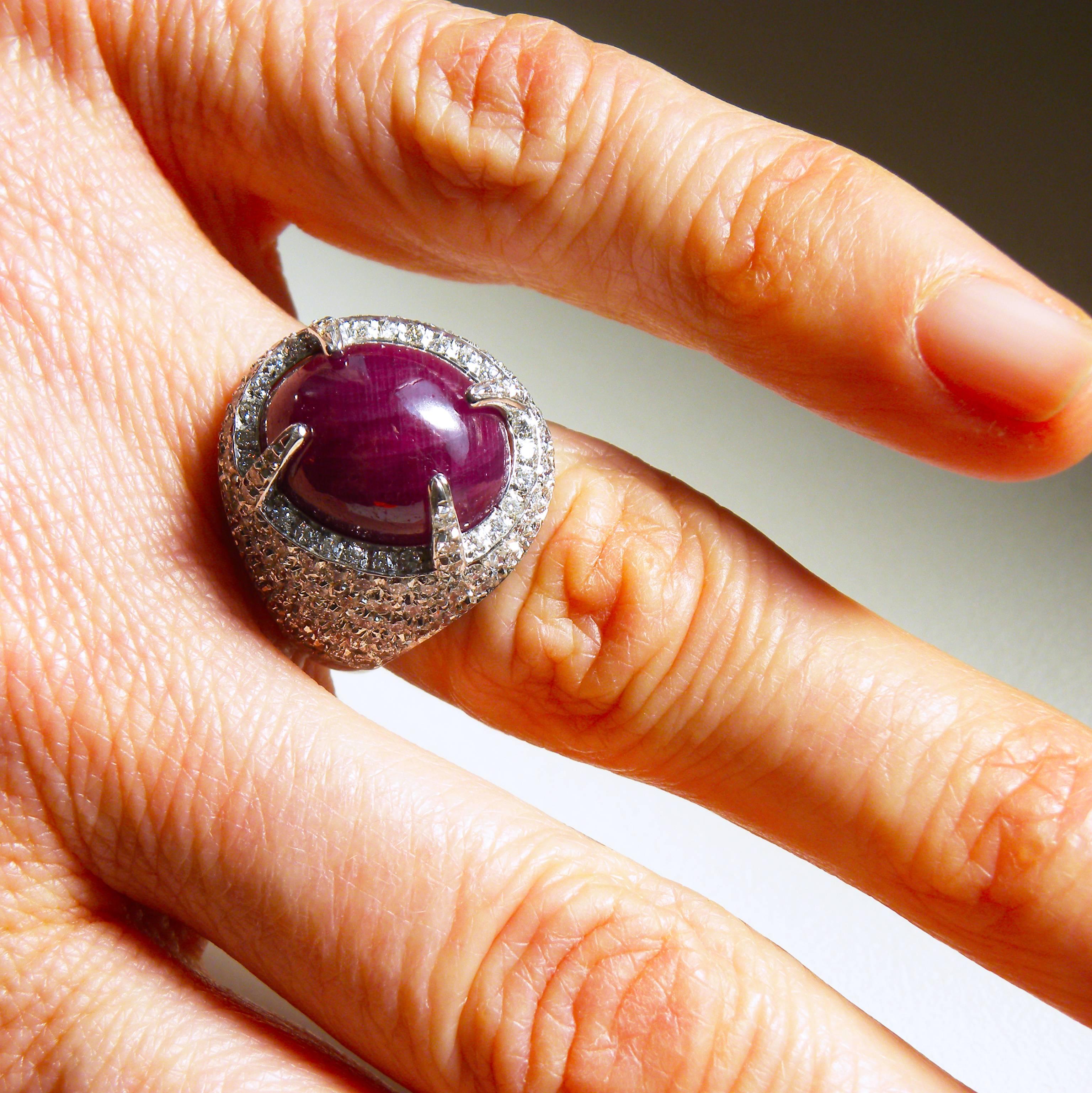 Berca 14.20 Carat Natural Ruby Oval Cabochon White Diamond Cocktail Ring For Sale at 1stDibs