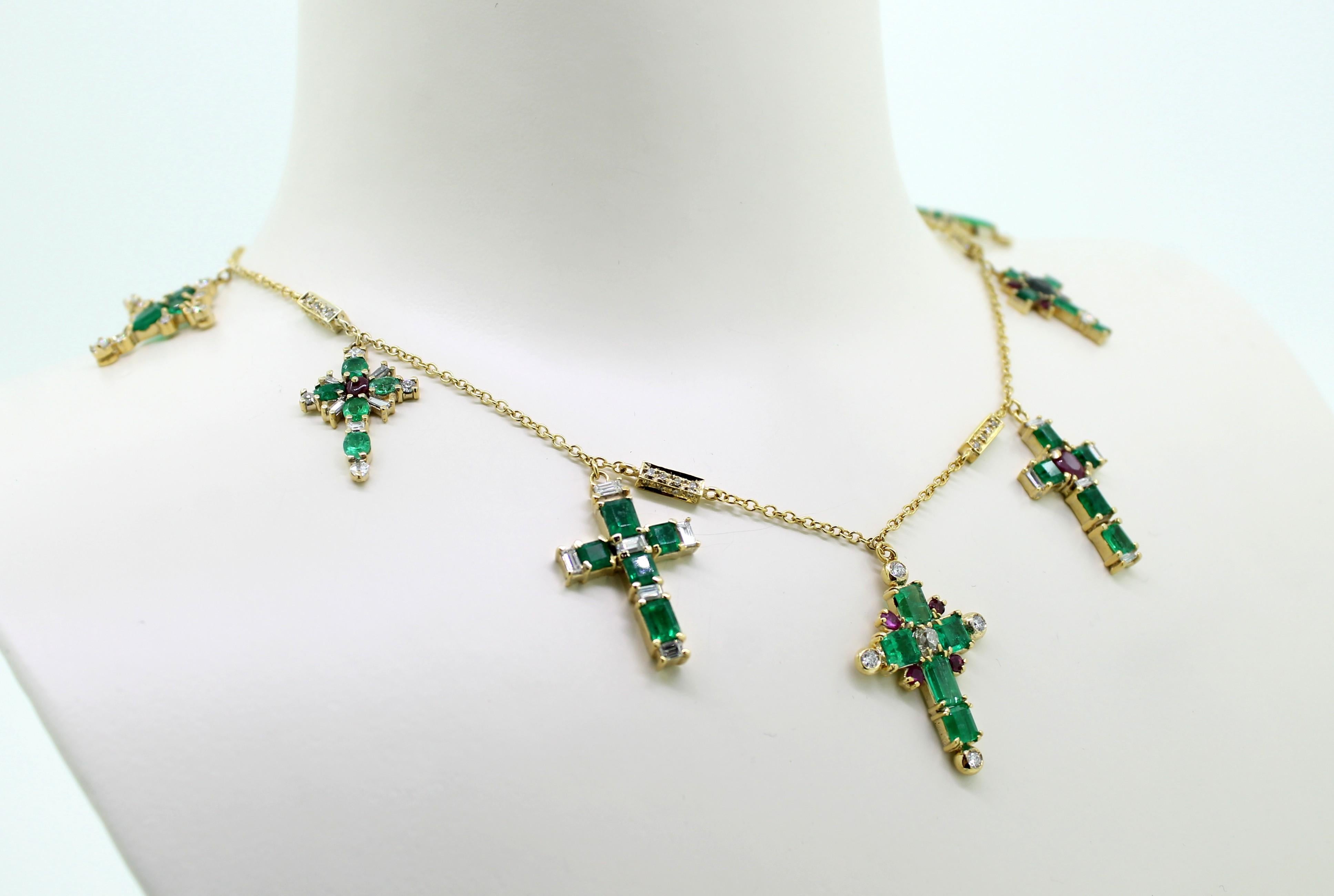 14.23 Carat Emerald Crosses with Diamonds and Ruby Charms Necklace For ...