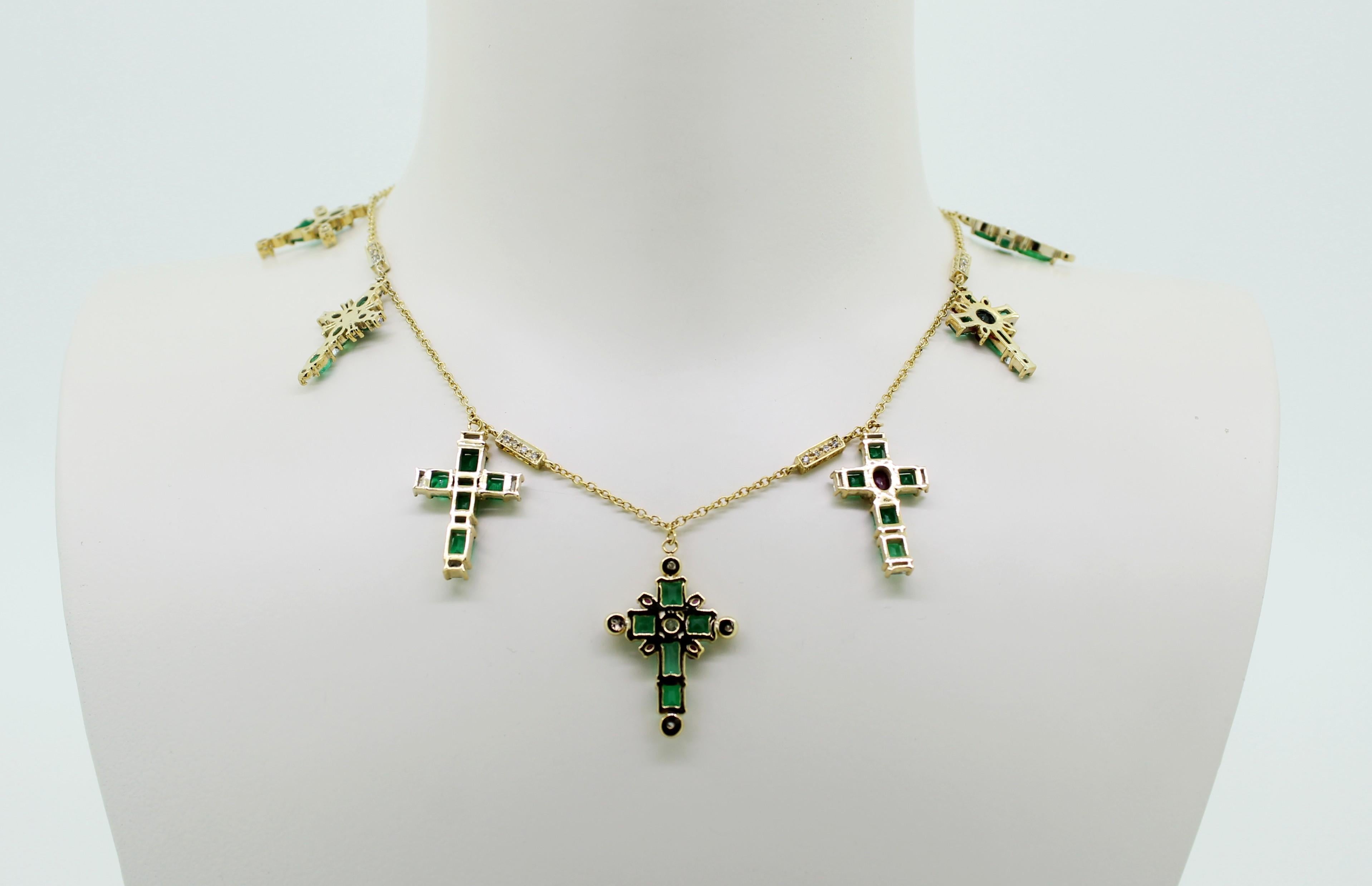 14.23 Carat Emerald Crosses with Diamonds and Ruby Charms Necklace For ...