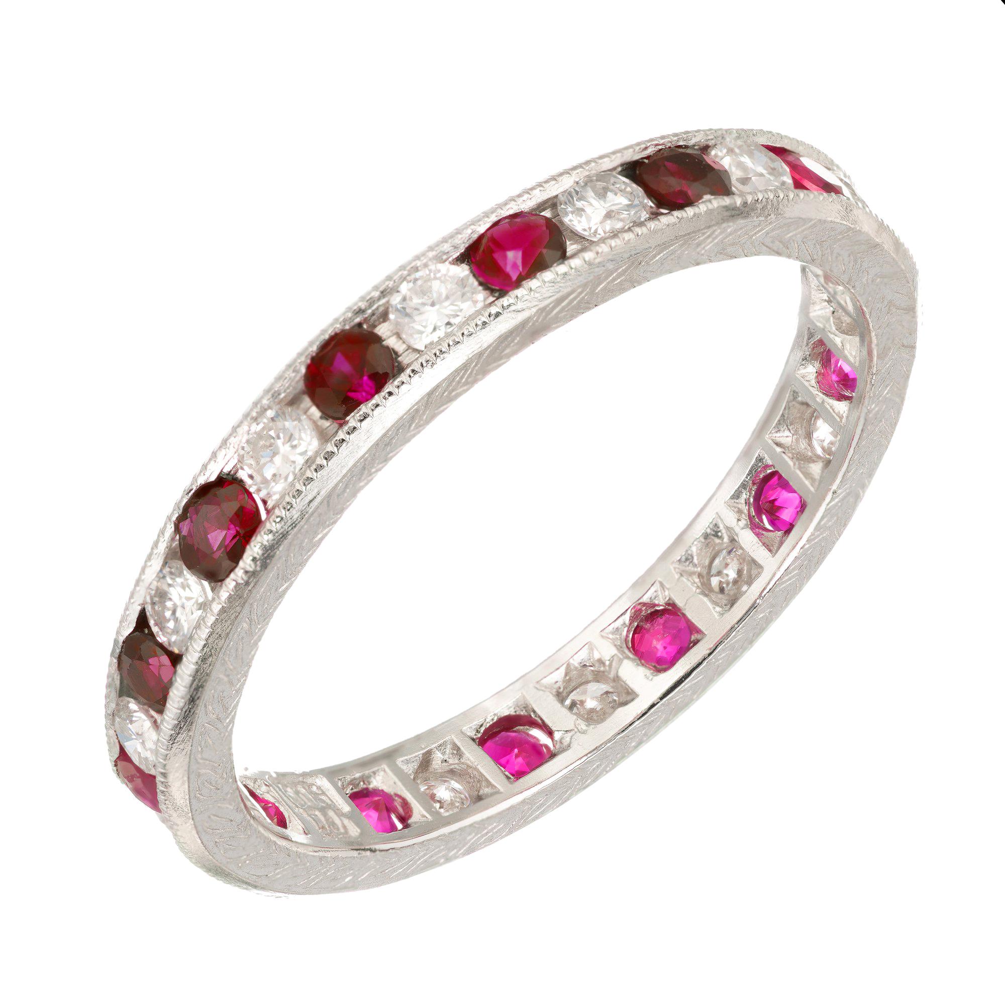 1.44 Carat Ruby Diamond Engraved Platinum Channel Band Ring at 1stDibs