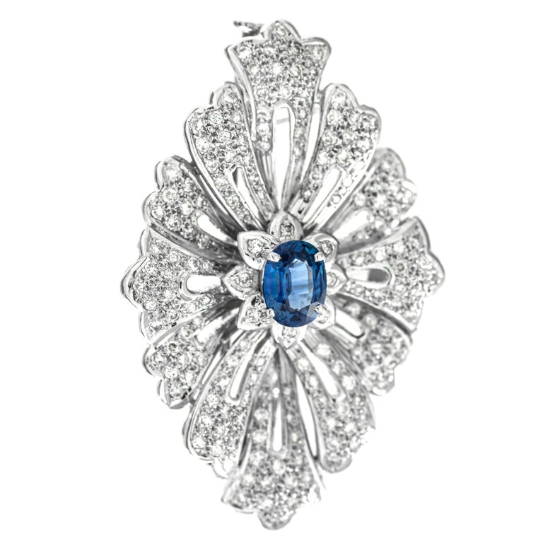 1.45 Ct Natural Blue Sapphire and 1.47 Ct Natural White Diamonds Brooch ...