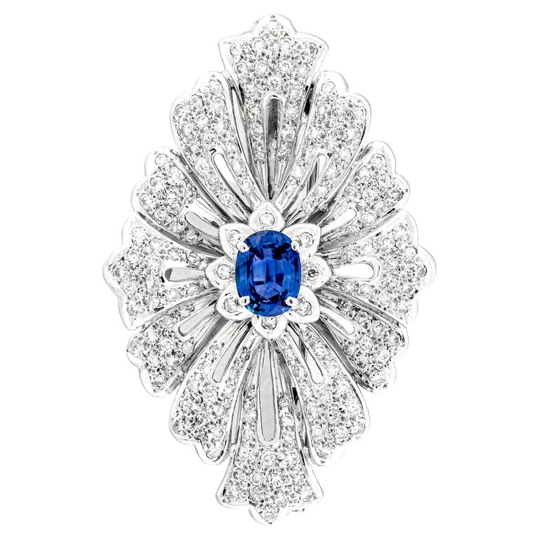 1.45 Ct Natural Blue Sapphire and 1.47 Ct Natural White Diamonds Brooch ...