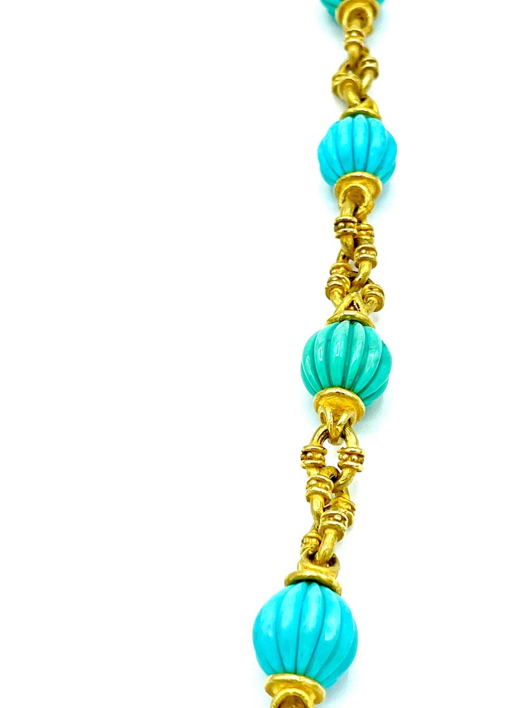Ribbed Turquoise and 18 Karat Yellow Matte Gold Necklace For Sale at ...