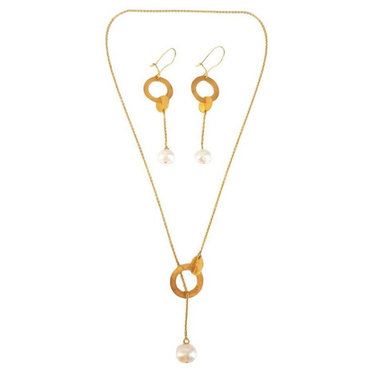 14ct and 18ct Yellow Gold Boroc Pearl Necklace and Earrings Set For ...