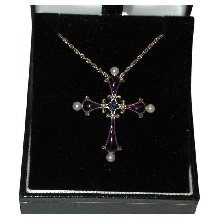 14ct Gold Blue Enamel Cross Set with 4 Cultered Pearls, and 4 Diamonds ...