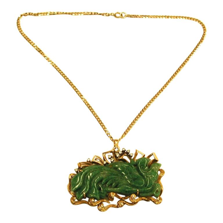 Mid Century Jade Pin Pendant with Gold Chain at 1stDibs